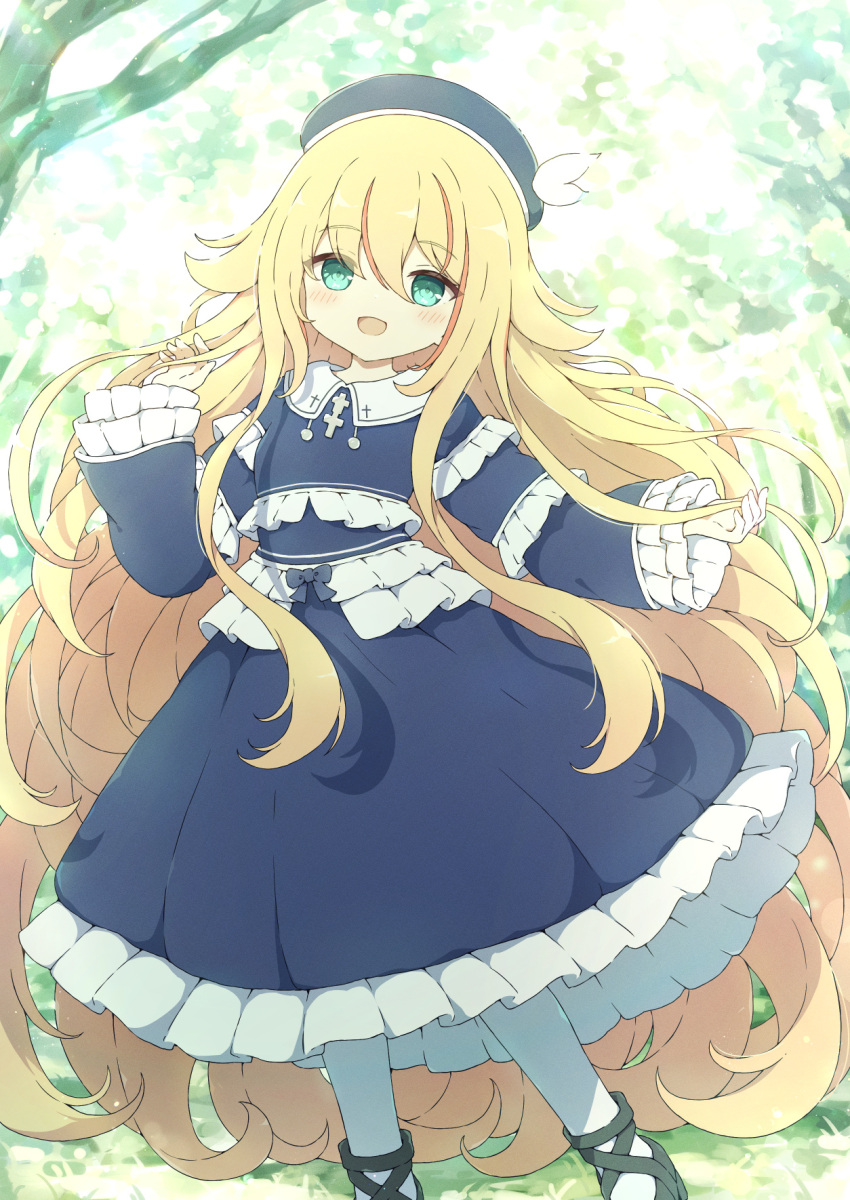 Safebooru - 1girl :d ankle lace-up black shoes blonde hair blue bow blue dress blue hat blush ...