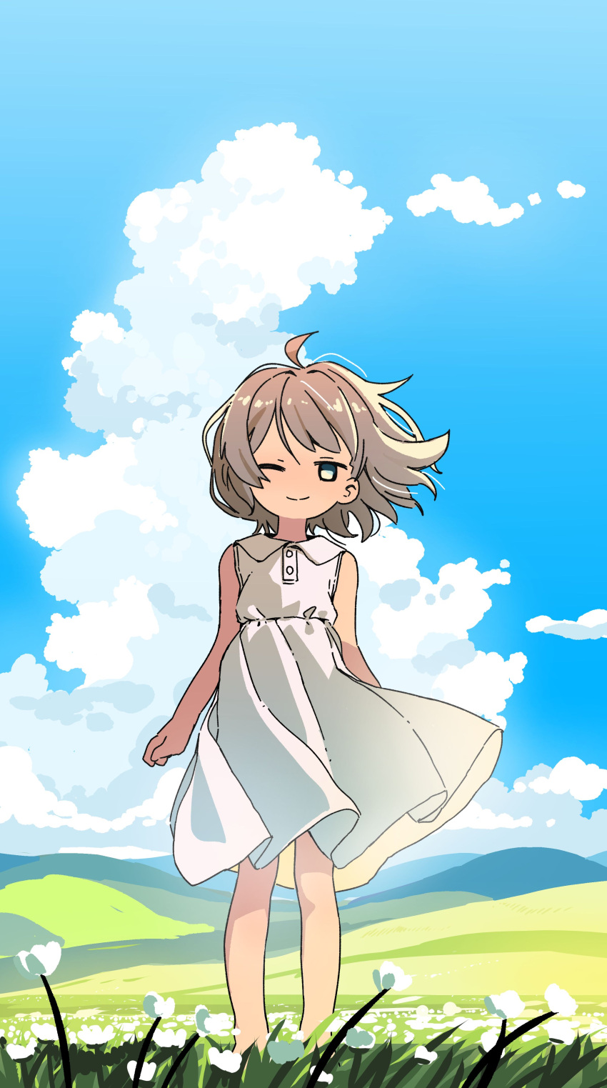 Safebooru - 1girl absurdres ahoge aqua eyes blue sky brown hair clouds cumulonimbus cloud day ...