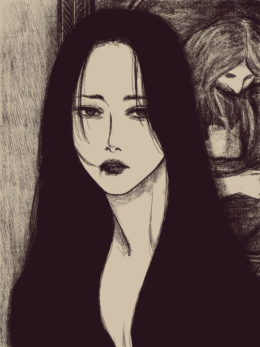 Safebooru - 1girl black hair greyscale highres long hair looking at viewer monochrome original ...