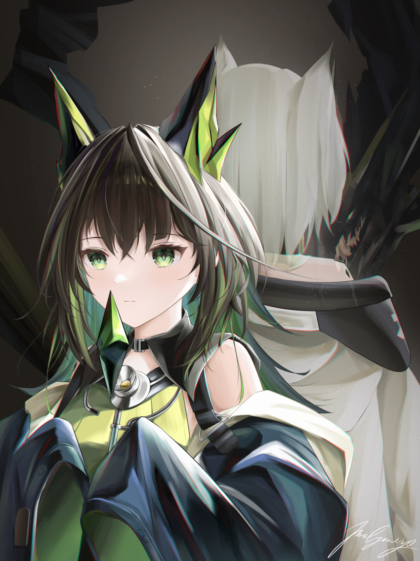 Safebooru - 2girls absurdres animal ears arknights back-to-back bare shoulders black hair blue ...