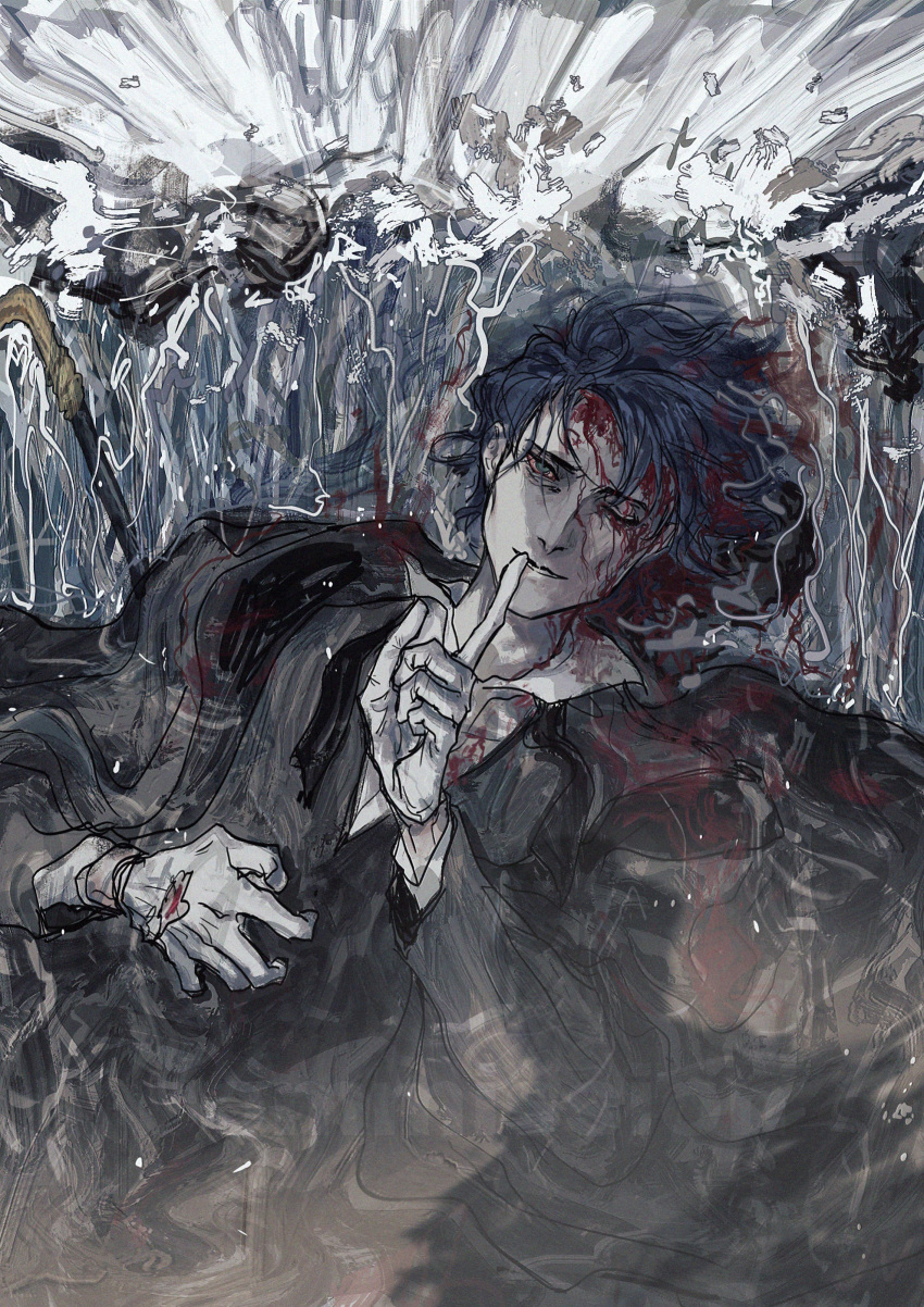 Safebooru - 1boy absurdres artist request bleeding blood blood on clothes blood on face blue ...