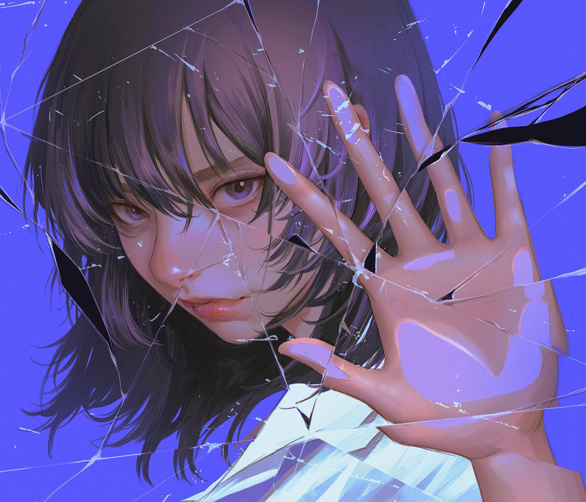 Safebooru - 1girl against fourth wall black hair broken glass glass ...