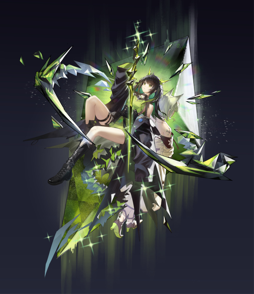 Safebooru - 2girls absurdres animal ears arknights arm up back-to-back bare shoulders black coat ...