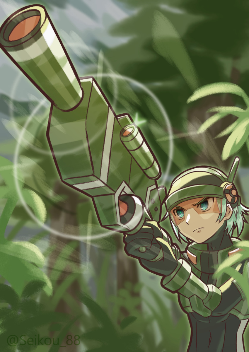 Safebooru - 1boy absurdres aiming arm cannon armor cross fusion forest ...