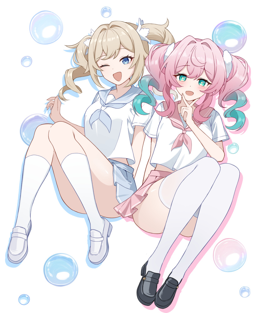 Safebooru - 2girls ;d absurdres aqua eyes aqua hair arm behind back barbara (genshin impact ...