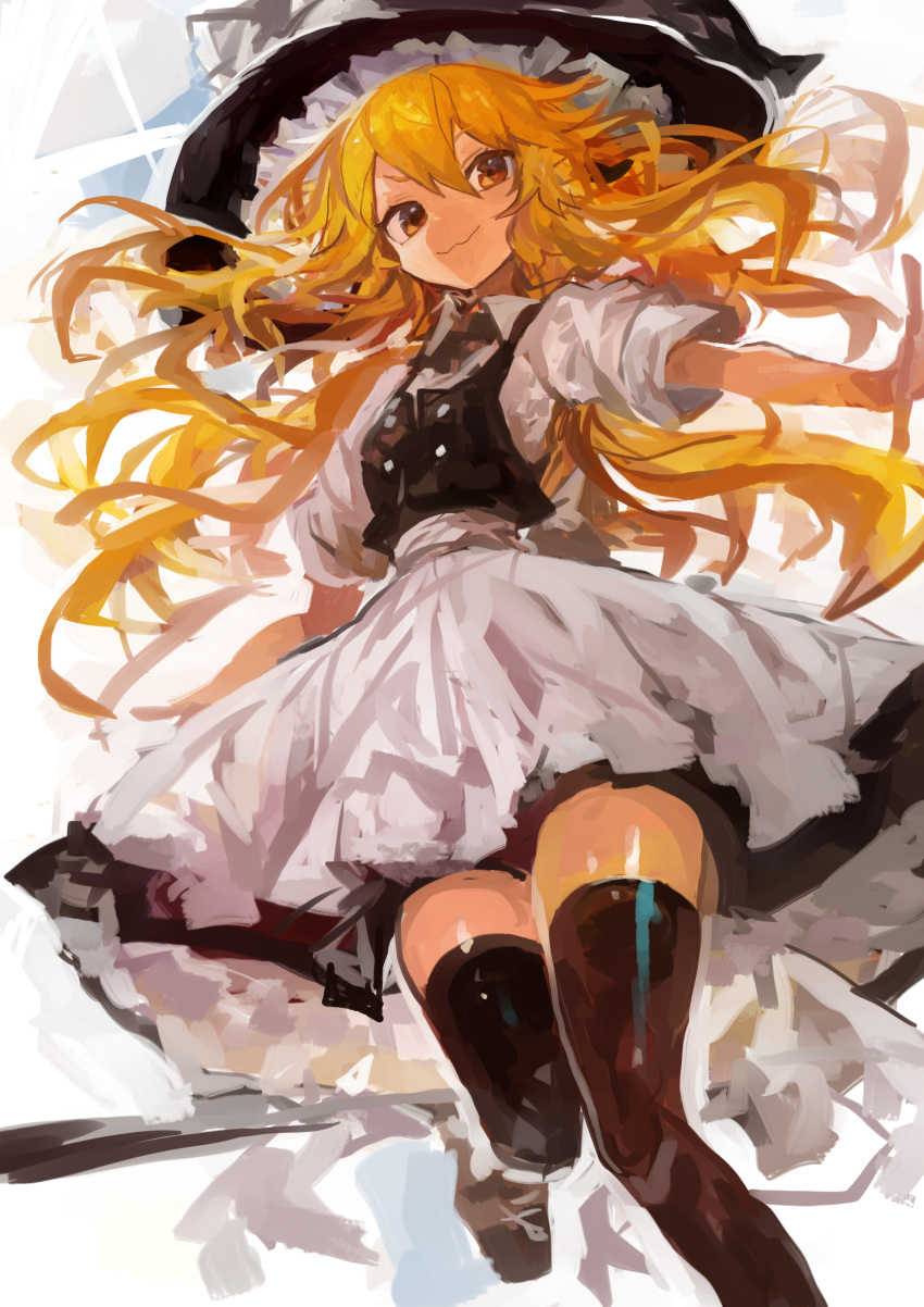 Safebooru - 1girl :3 absurdres apron black skirt black thighhighs black vest blonde hair broom ...