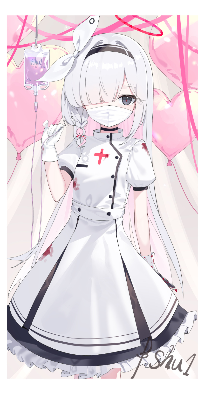 Safebooru - 1girl absurdres balloon black choker black eyes black hairband blood blue archive ...