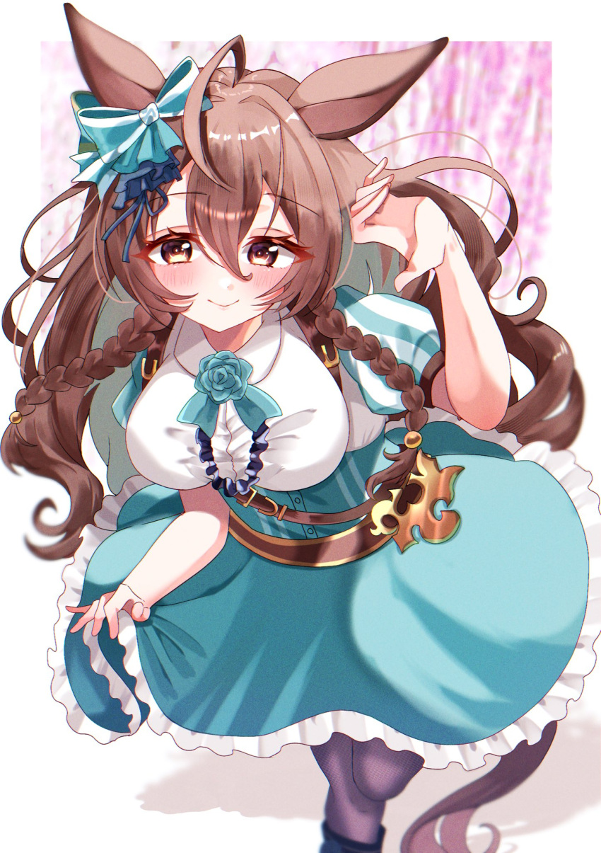 Safebooru - 1girl ahoge animal ears belt blurry blurry background breasts brown eyes brown hair ...