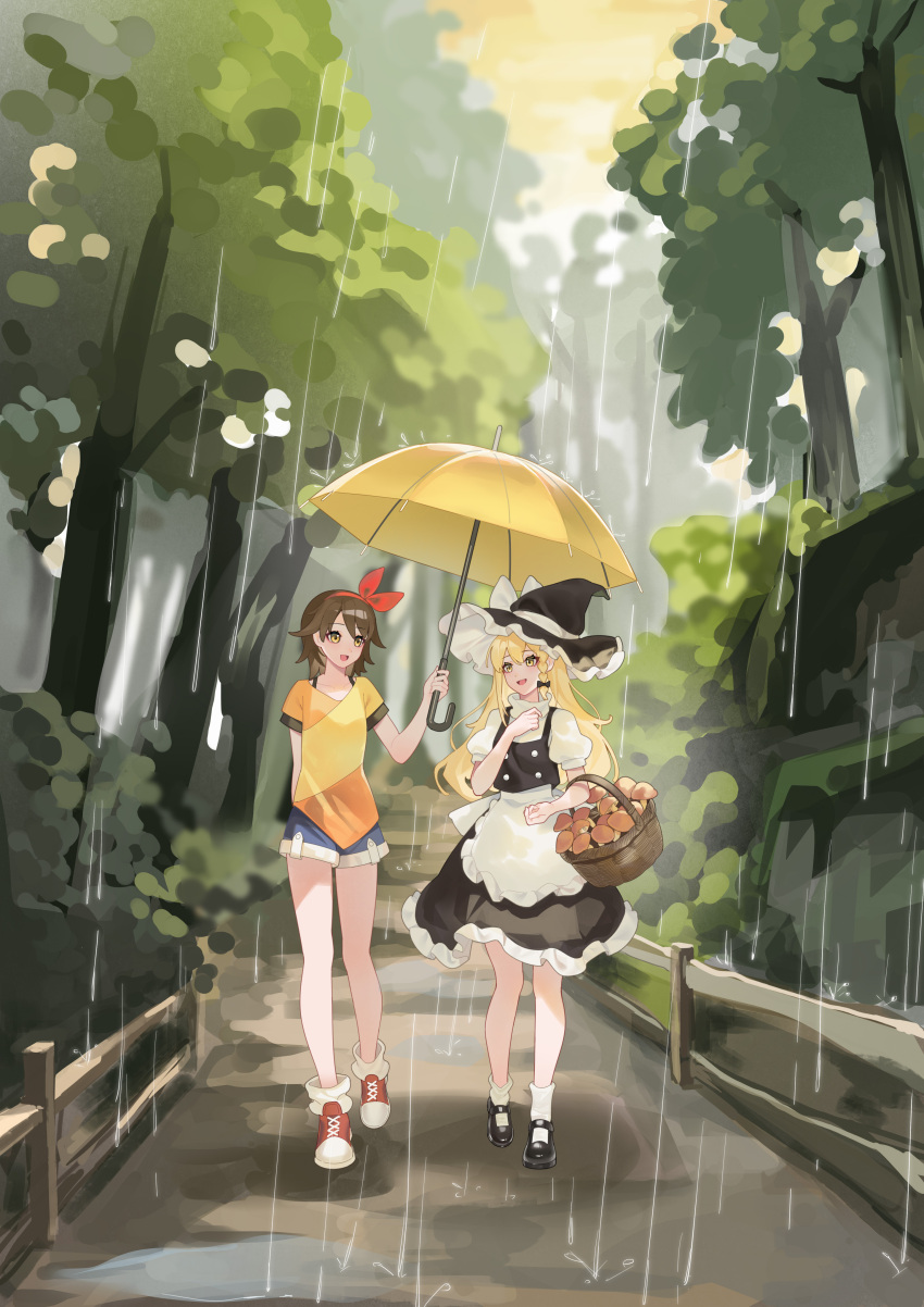 Safebooru - 2girls :d absurdres ailu elf apron basket black bow black hat black shoes black ...