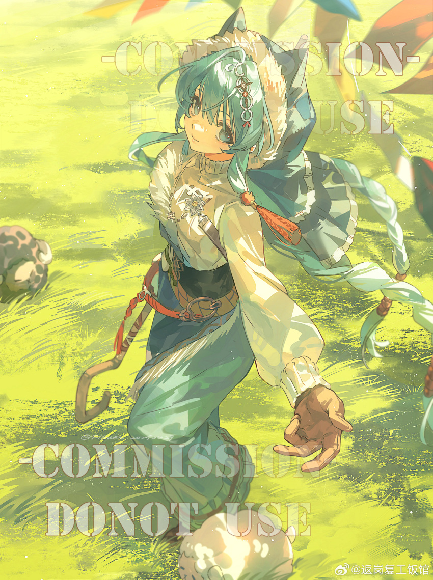 Safebooru - 1girl absurdres belt blue eyes boots braid brown gloves fur trim gloves grass hair ...