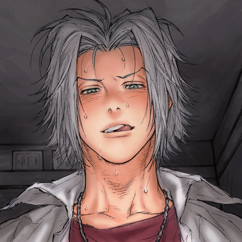 Safebooru - chain curtained hair from below gokudera hayato green eyes grey hair highres katekyo ...