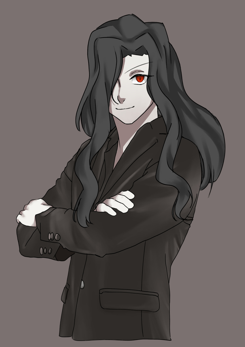 Safebooru - 1boy absurdres black shirt crossed arms hair over one eye ...
