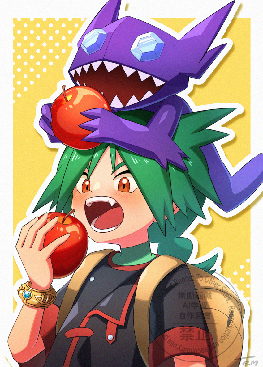 Safebooru - 1boy apple backpack bag bracelet commentary request eating food fruit green hair ...