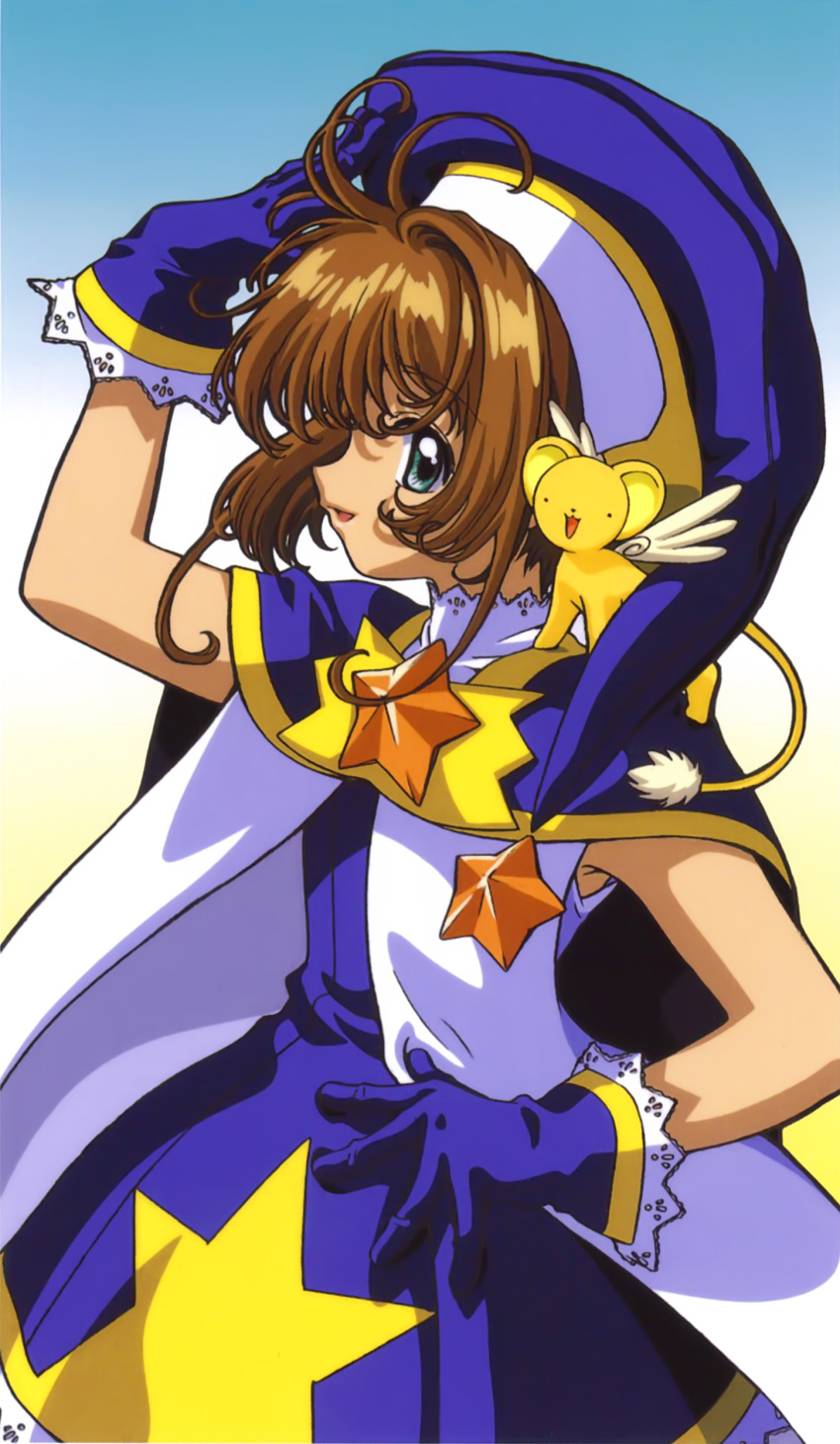 Safebooru - 1990s (style) 1girl absurdres antenna hair blue dress blue gloves blue hat brown ...