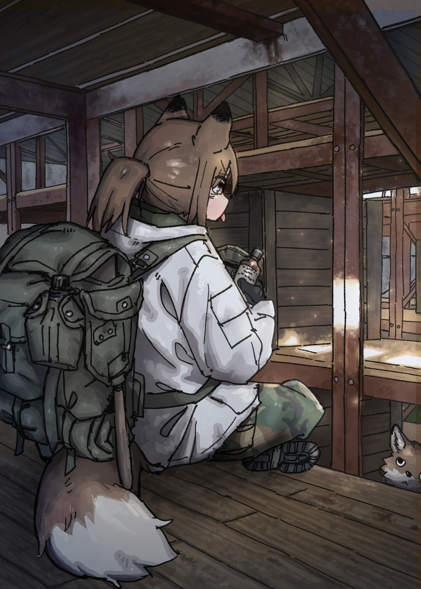 Safebooru - 1girl absurdres animal ears backpack bag boots brown eyes brown hair building ...