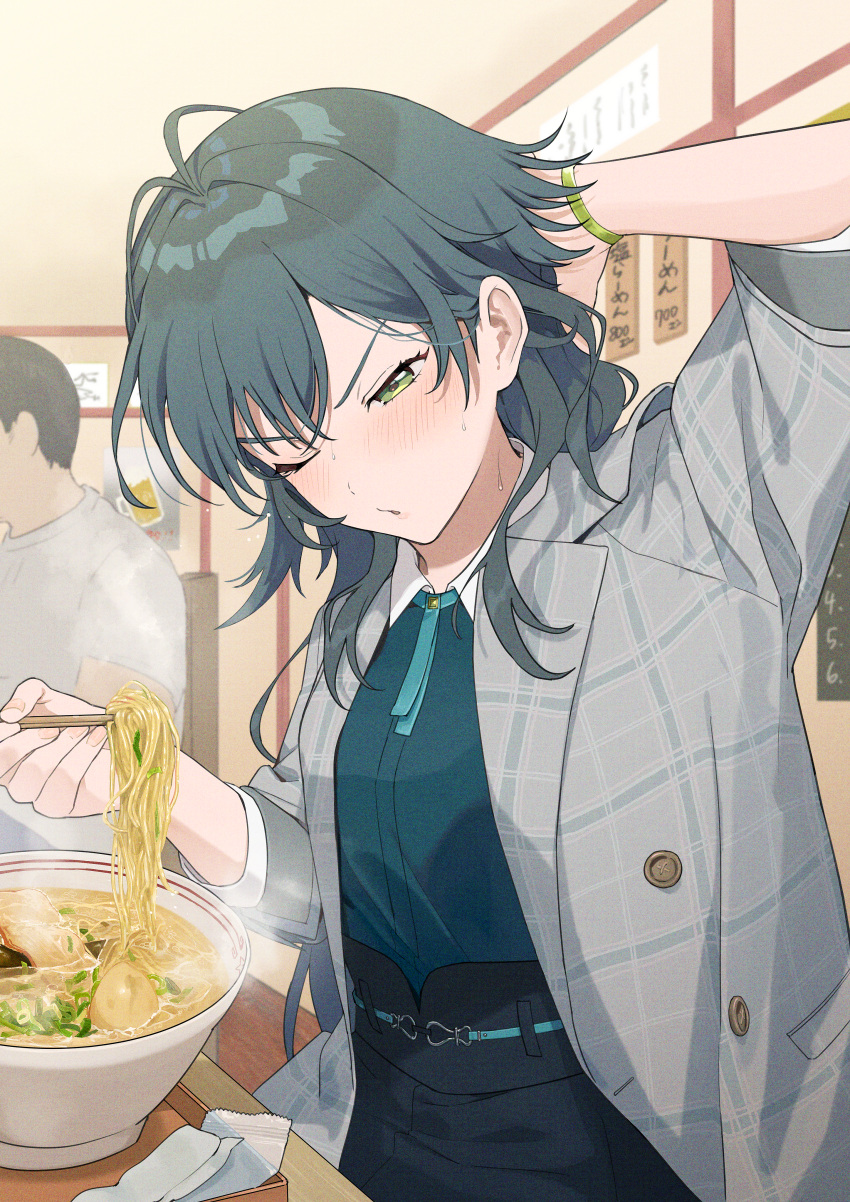 Safebooru - 1boy 1girl ;o absurdres antenna hair arm behind head ayuppe black skirt blush ...