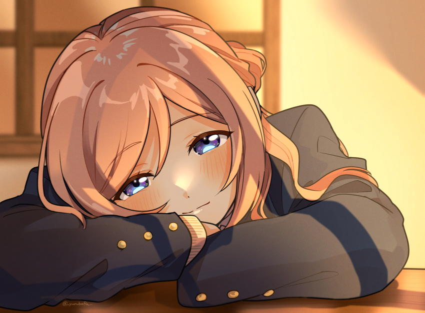 Safebooru - 1girl arm rest bafarin black jacket blazer blue eyes blush brown hair gakuen ...