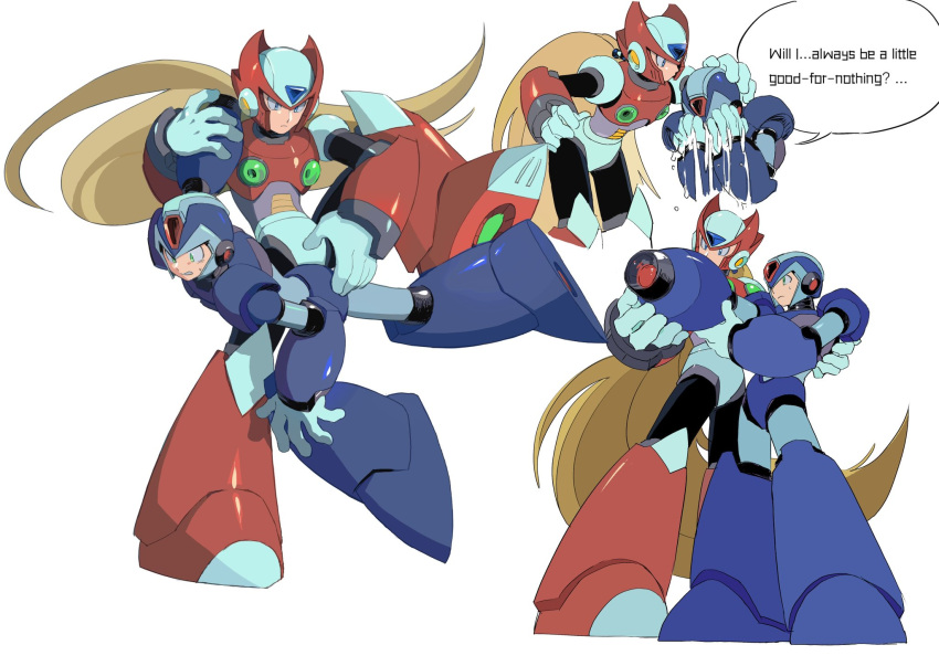 Safebooru - 2boys arm cannon armor blonde hair blue armor blue eyes blue helmet chest jewel ...