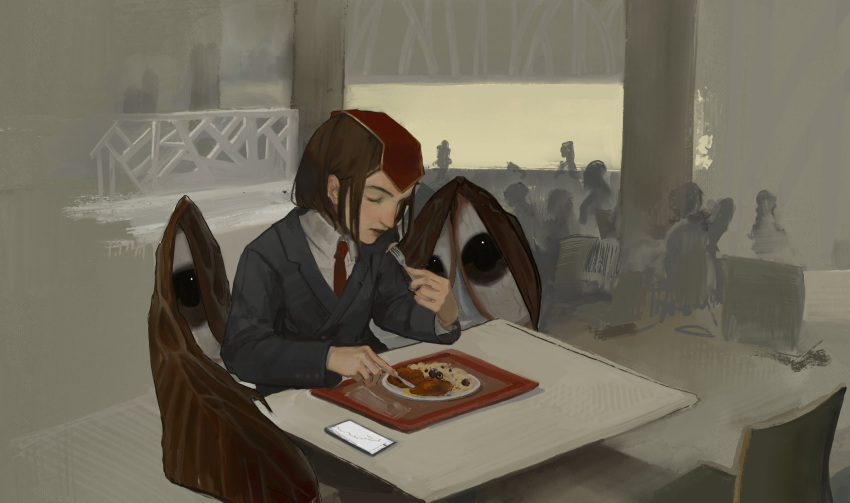 Safebooru - 1other bird blue suit brown hair cellphone chicken closed ...