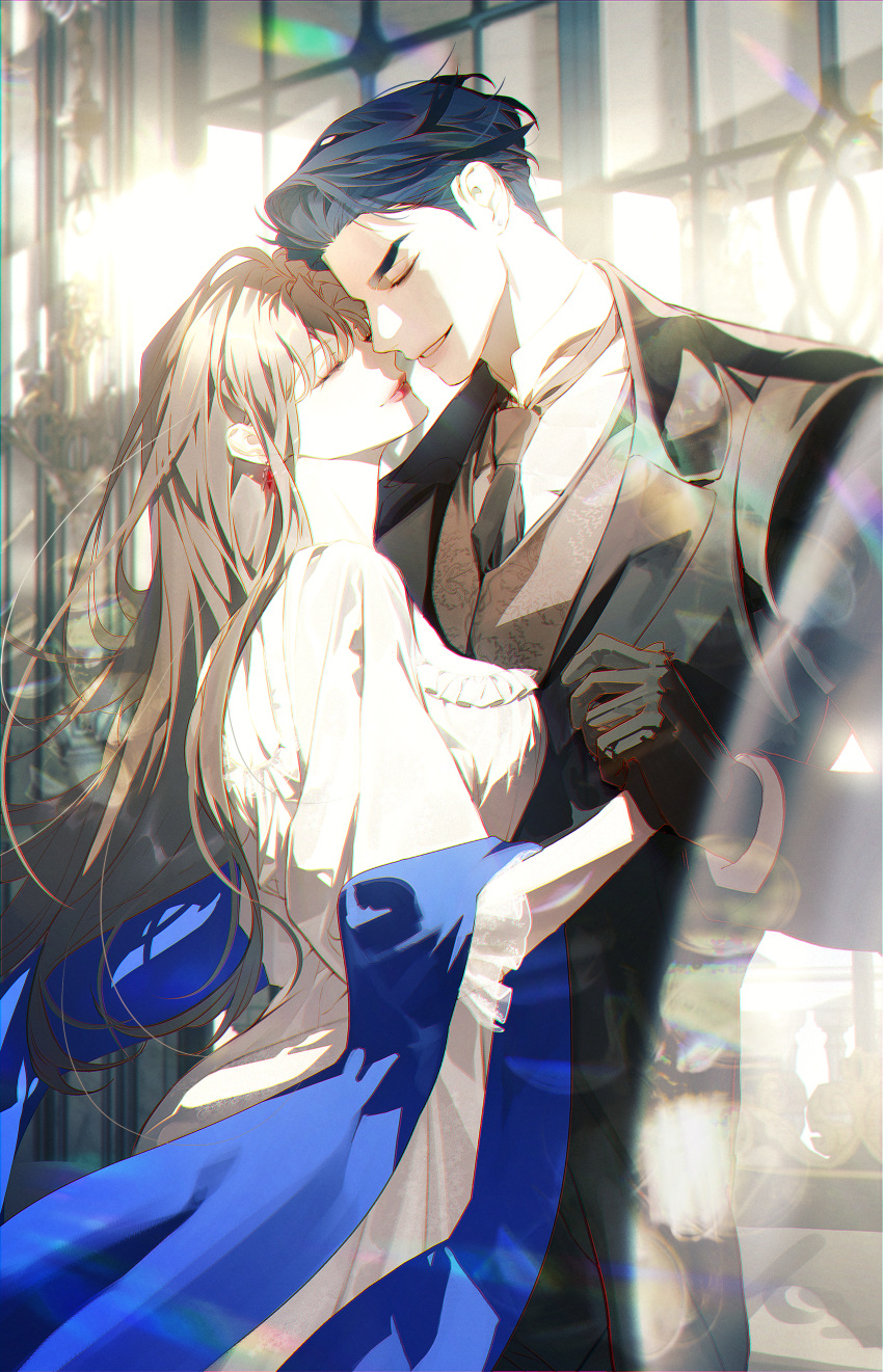 Safebooru - 1boy 1girl absurdres black gloves black necktie black suit blue hair blue shawl ...