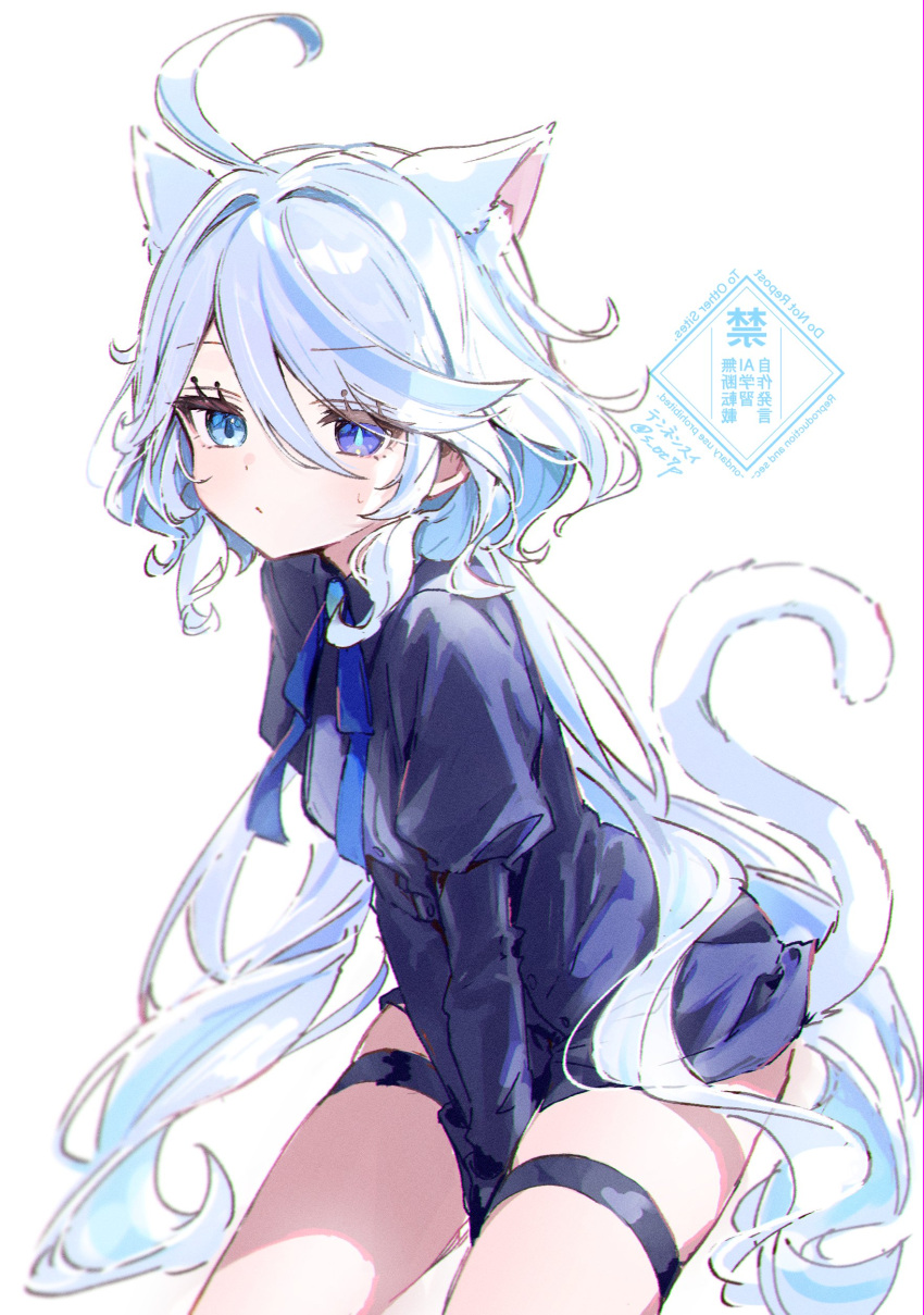 Safebooru - 1girl absurdres ahoge animal ears blue eyes blue hair blue jacket blue ribbon cat ...