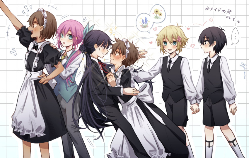 Safebooru - ! ... 2girls 4boys alternate costume alternate hairstyle antenna hair aubrey ...