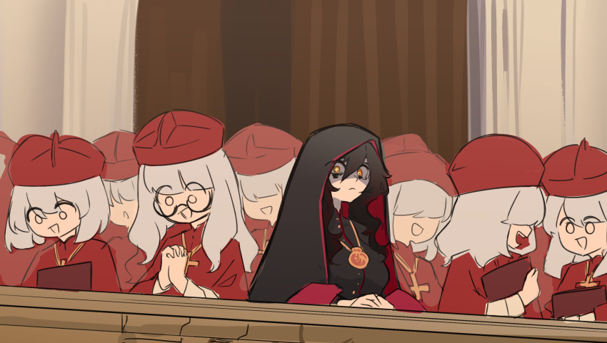 Safebooru - 6+girls bags under eyes black hair centurii-chan commentary cross cross necklace ...