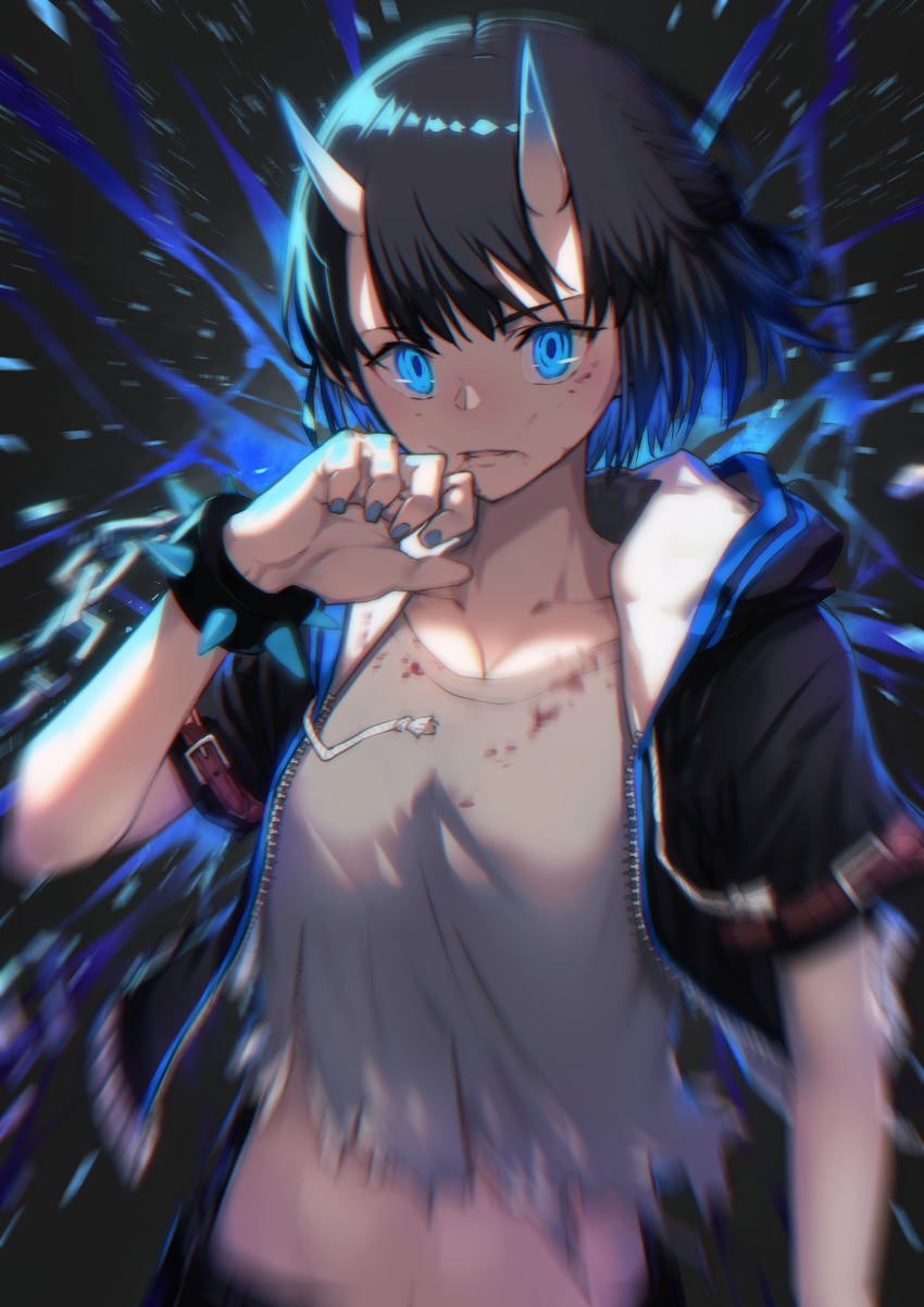 Safebooru - 1girl absurdres black hair black jacket blue eyes blue horns blurry bracelet ...