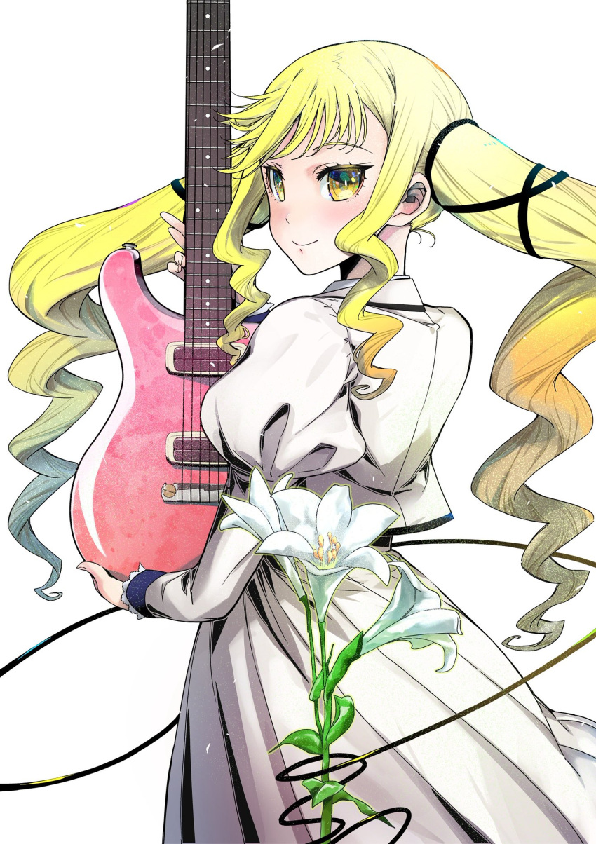 Safebooru - 1girl black ribbon blonde hair cable closed mouth dress electric guitar flower from ...