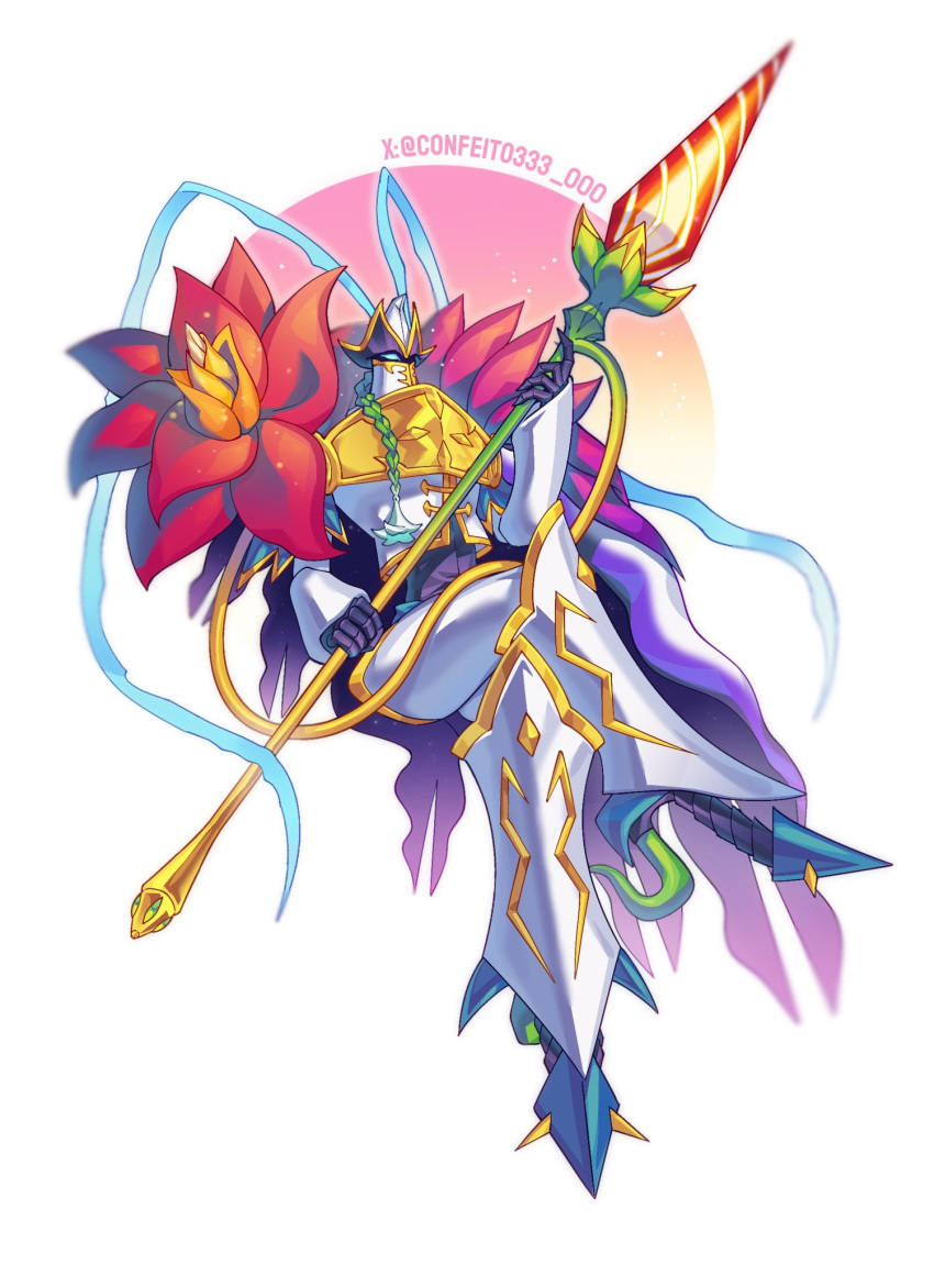 Safebooru - armor bloomlordmon blue eyes confeito000 333 crossed legs ...