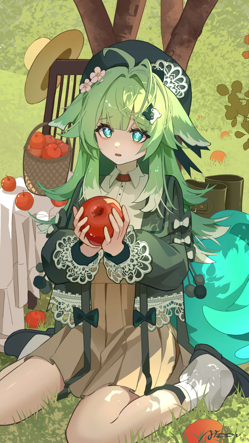 Safebooru - 1girl absurdres ai dongdong alternate costume animal ears apple aqua hair black ...