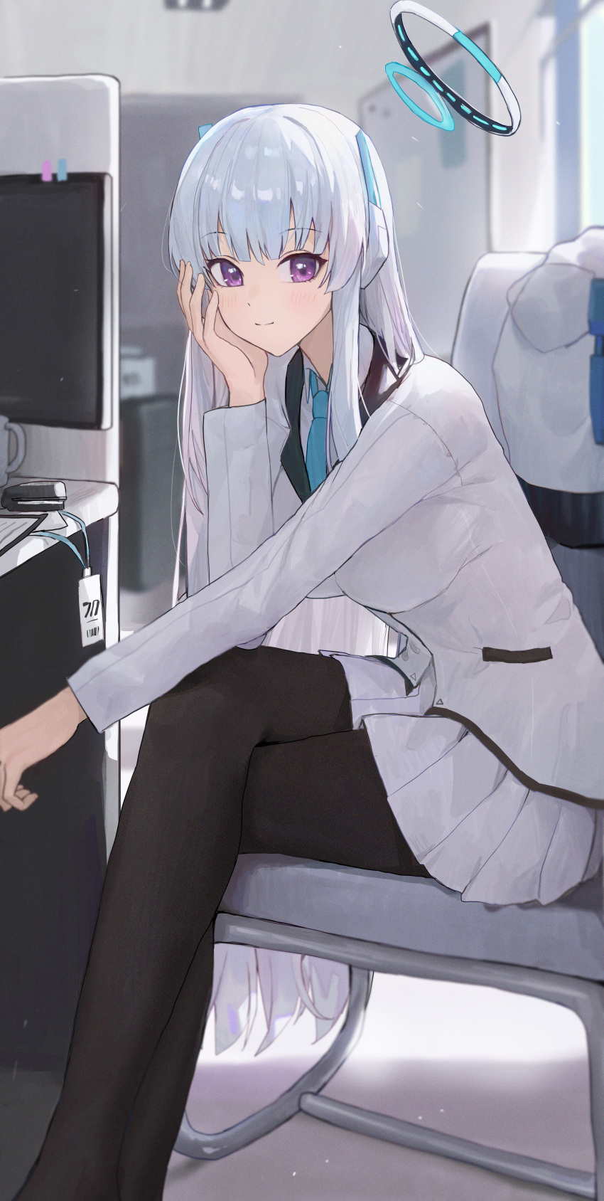Safebooru - 1girl absurdres black pantyhose blue archive blue necktie chair closed mouth crossed ...