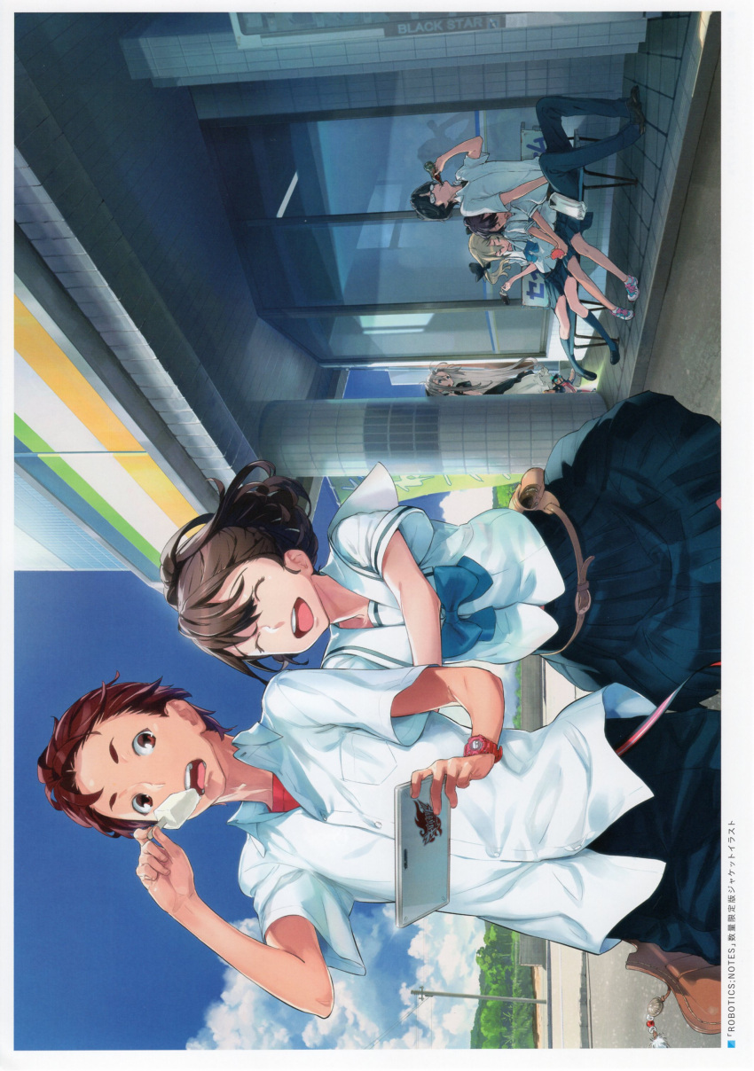 Safebooru - 2boys 4girls airi (robotics;notes) belt belt pouch bench ...