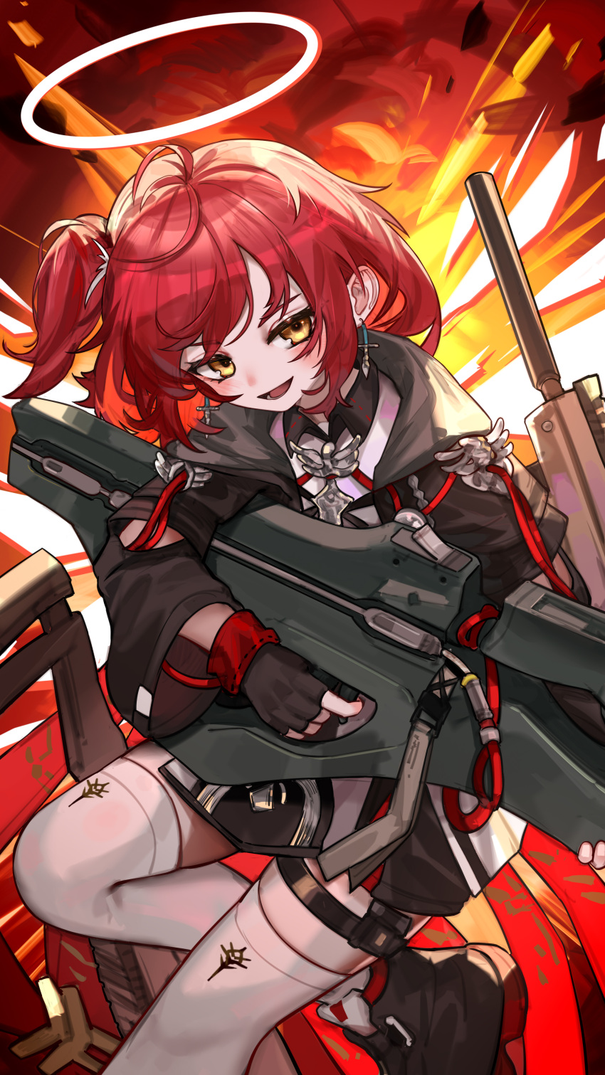 Safebooru - 1girl :d absurdres ankle boots arknights black boots black gloves black jacket black ...