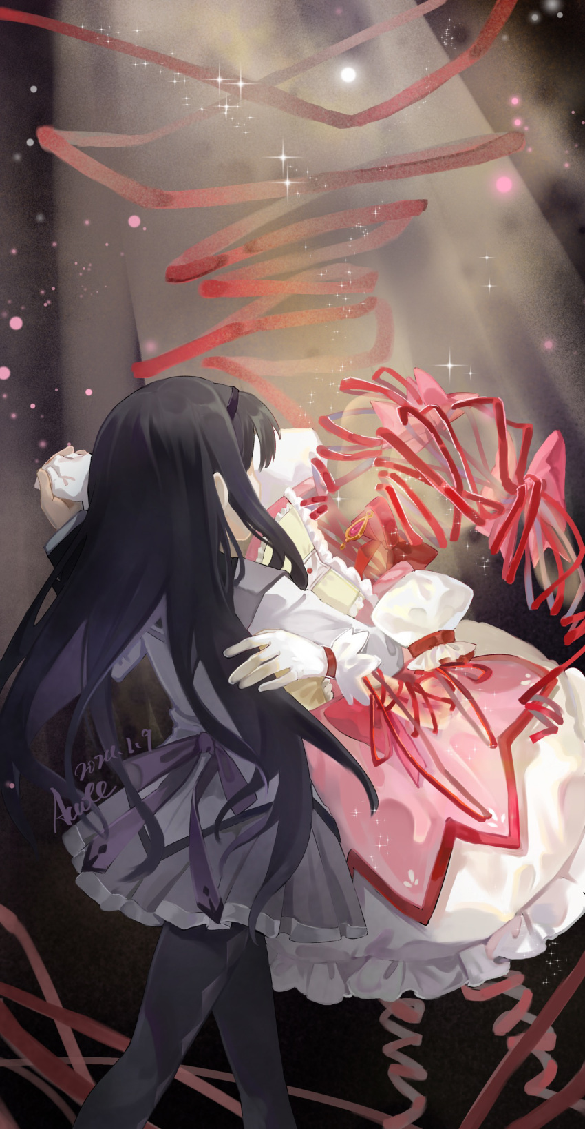 Safebooru - 2girls absurdres akemi homura black hair dress gloves hair ribbon highres holding ...