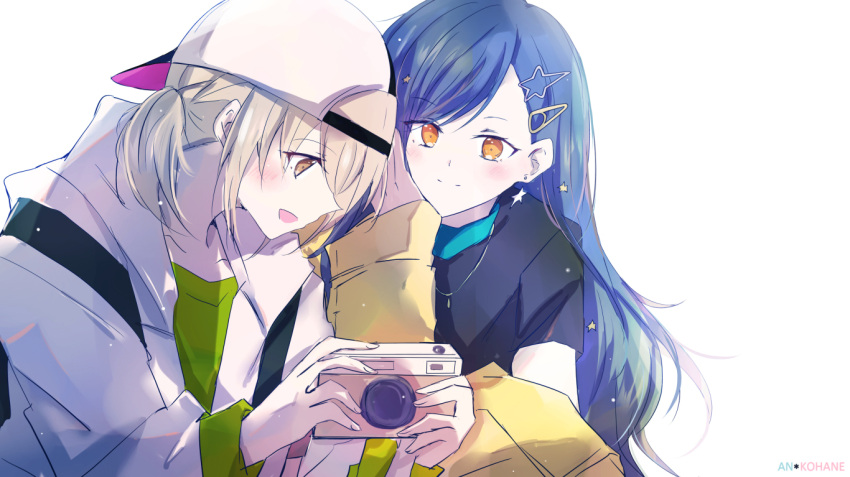 Safebooru - 2girls azusawa kohane baseball cap black shirt blonde hair blue hair blush brown ...