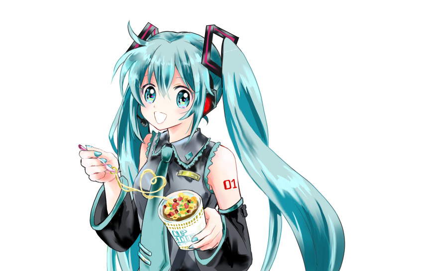 Safebooru - 1girl aqua eyes aqua hair aqua nails black sleeves detached sleeves fork grey shirt ...