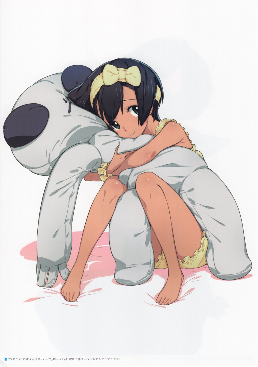 Safebooru - 1girl 5pb. absurdres bare shoulders barefoot bed bloomers bow bow hairband brown ...