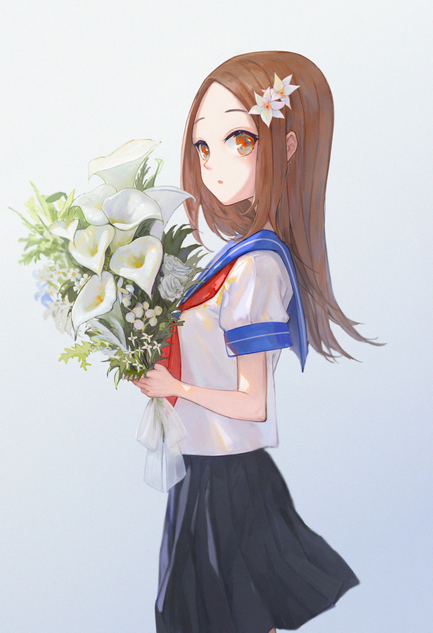 Safebooru - 1girl black skirt blue sailor collar bouquet brown eyes brown hair commentary ...