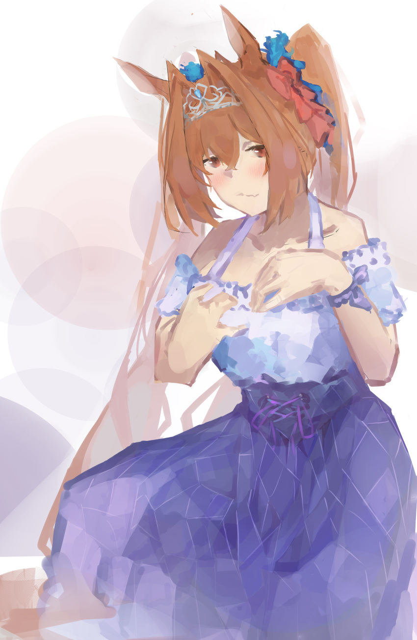 Safebooru - 1girl absurdres animal ears bare shoulders blue dress blue ribbon brown hair ...