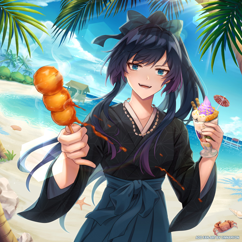 Safebooru - 1girl absurdres ado (utaite) beach black hair black kimono blue eyes blue skirt ...