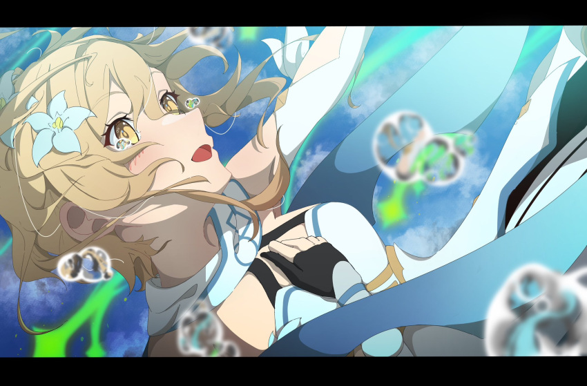 Safebooru - 1girl blonde hair blue sky blush clouds falling flower genshin impact hair flower ...