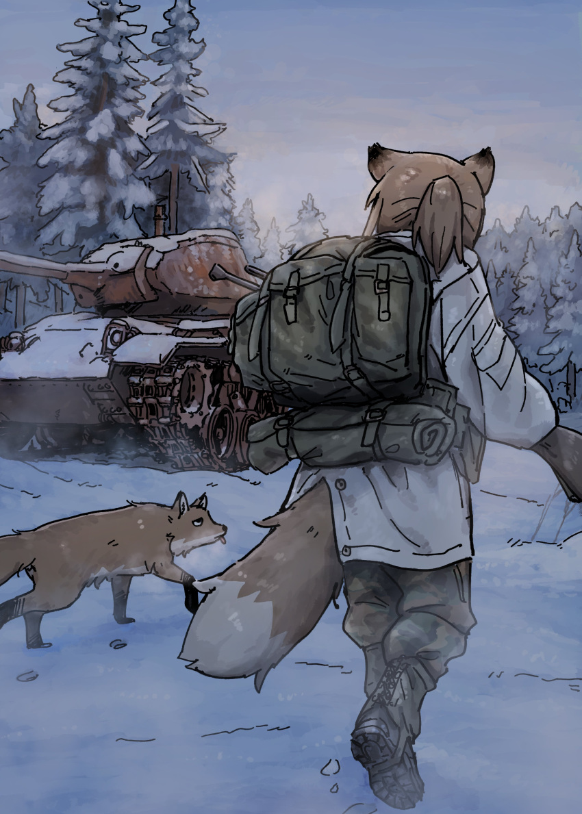 Safebooru - 1girl absurdres animal ears backpack bag battle rifle boots brown eyes brown hair ...