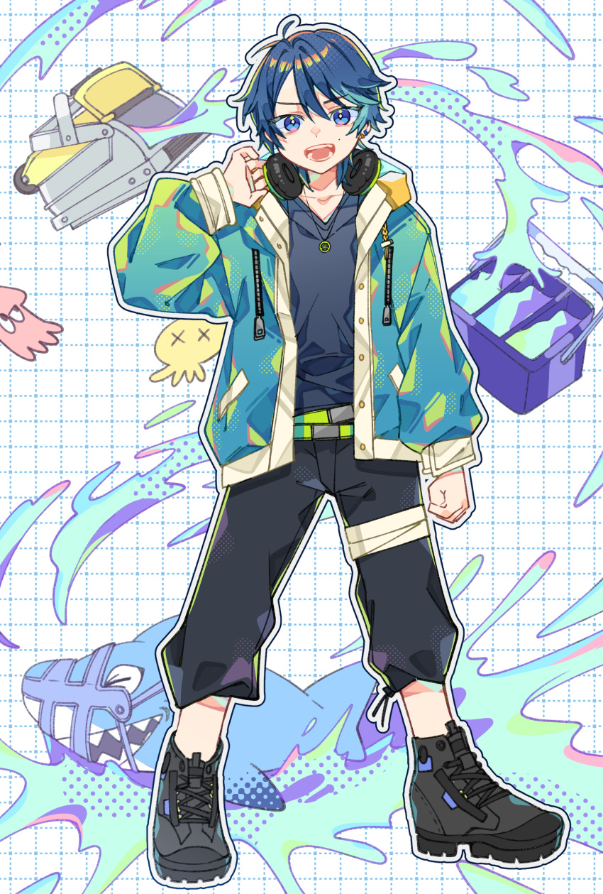 Safebooru - 1boy :d absurdres black boots black pants blue eyes blue hair blue jacket blue shirt ...