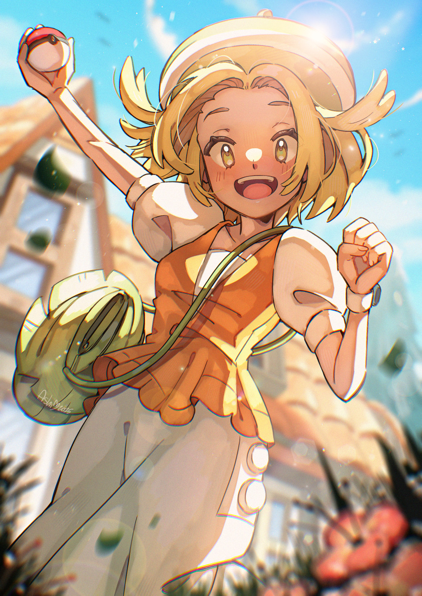 Safebooru - 1girl :d absurdres alien ashi arm up bag bianca (pokemon) blonde hair clenched hand ...