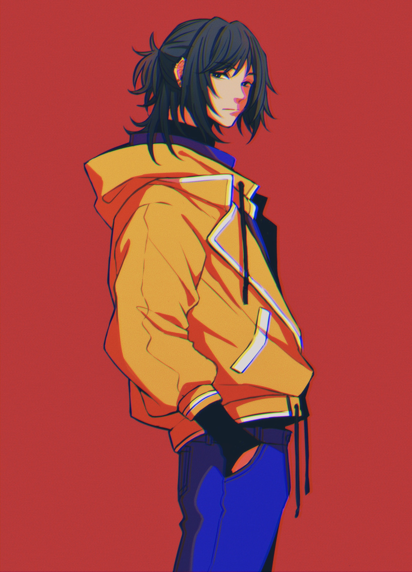 Safebooru - 1boy absurdres black eyes black hair blue pants bright pupils closed mouth ...