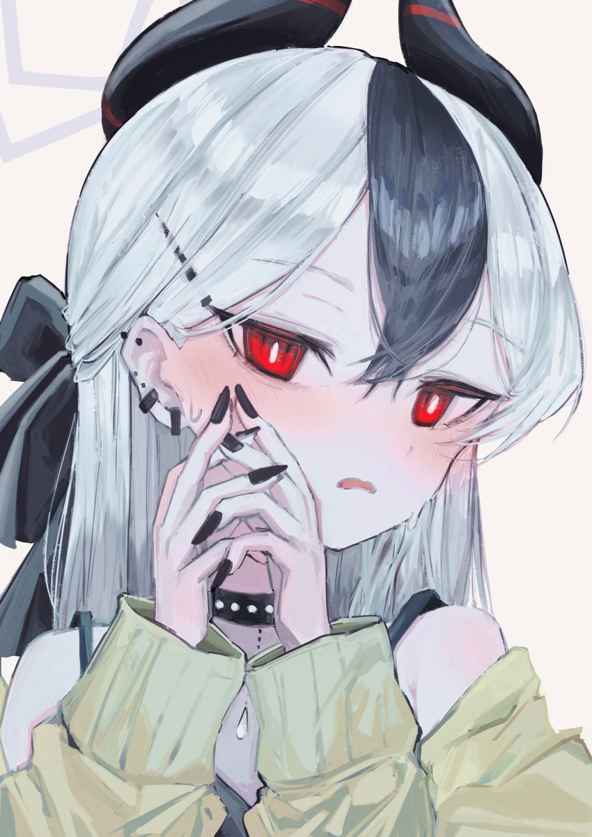 Safebooru - 1girl absurdres black bow black hair black horns black nails blue archive blush bow ...