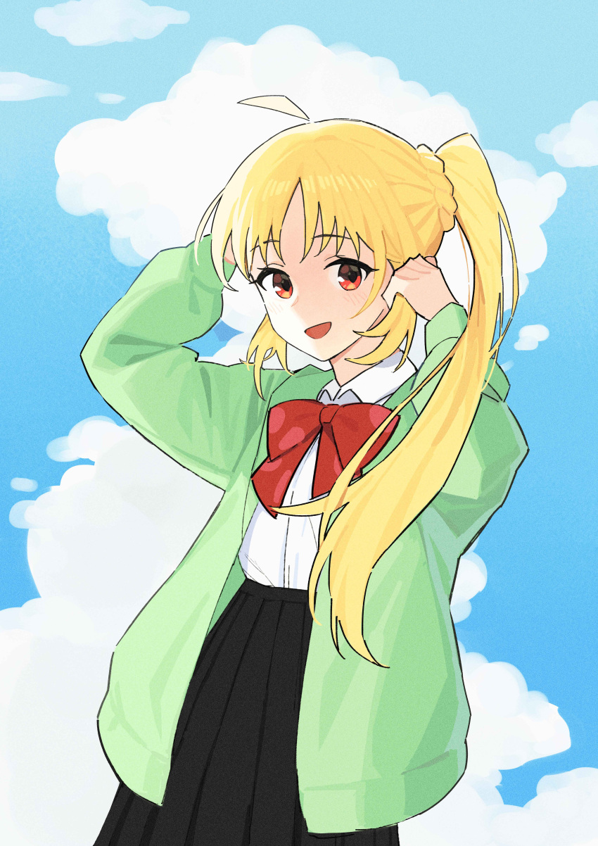 Safebooru - 1girl absurdres ahoge blonde hair bocchi the rock! bow bowtie clouds collared shirt ...