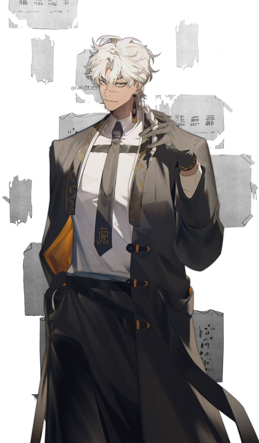 Safebooru - 1boy absurdres black coat black gloves black necktie black pants blue eyes braid ...