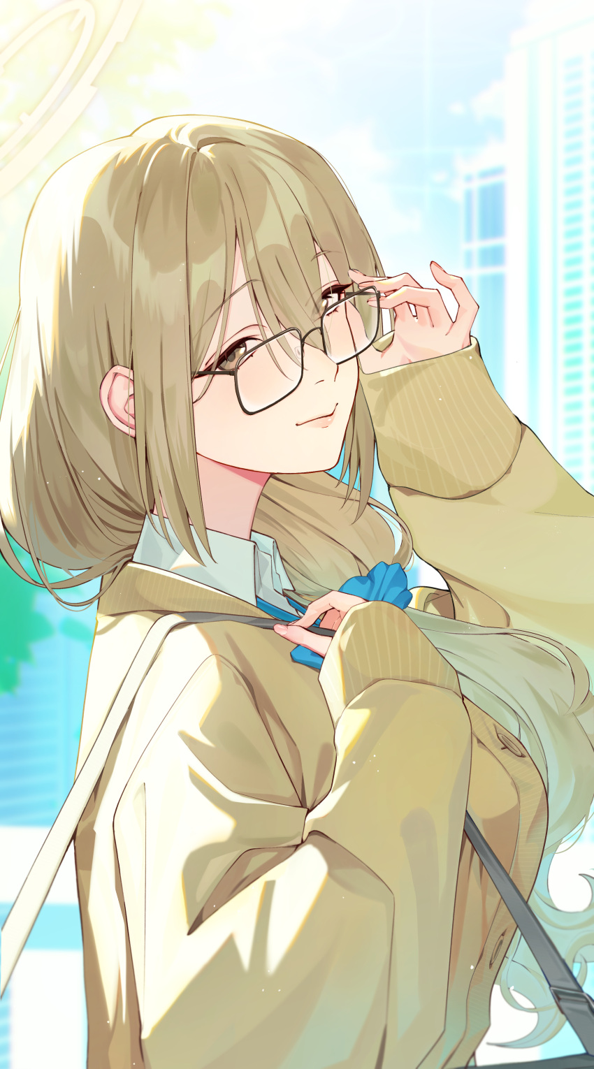 Safebooru - 1girl absurdres adjusting eyewear akane (blue archive) akane (school uniform) (blue ...